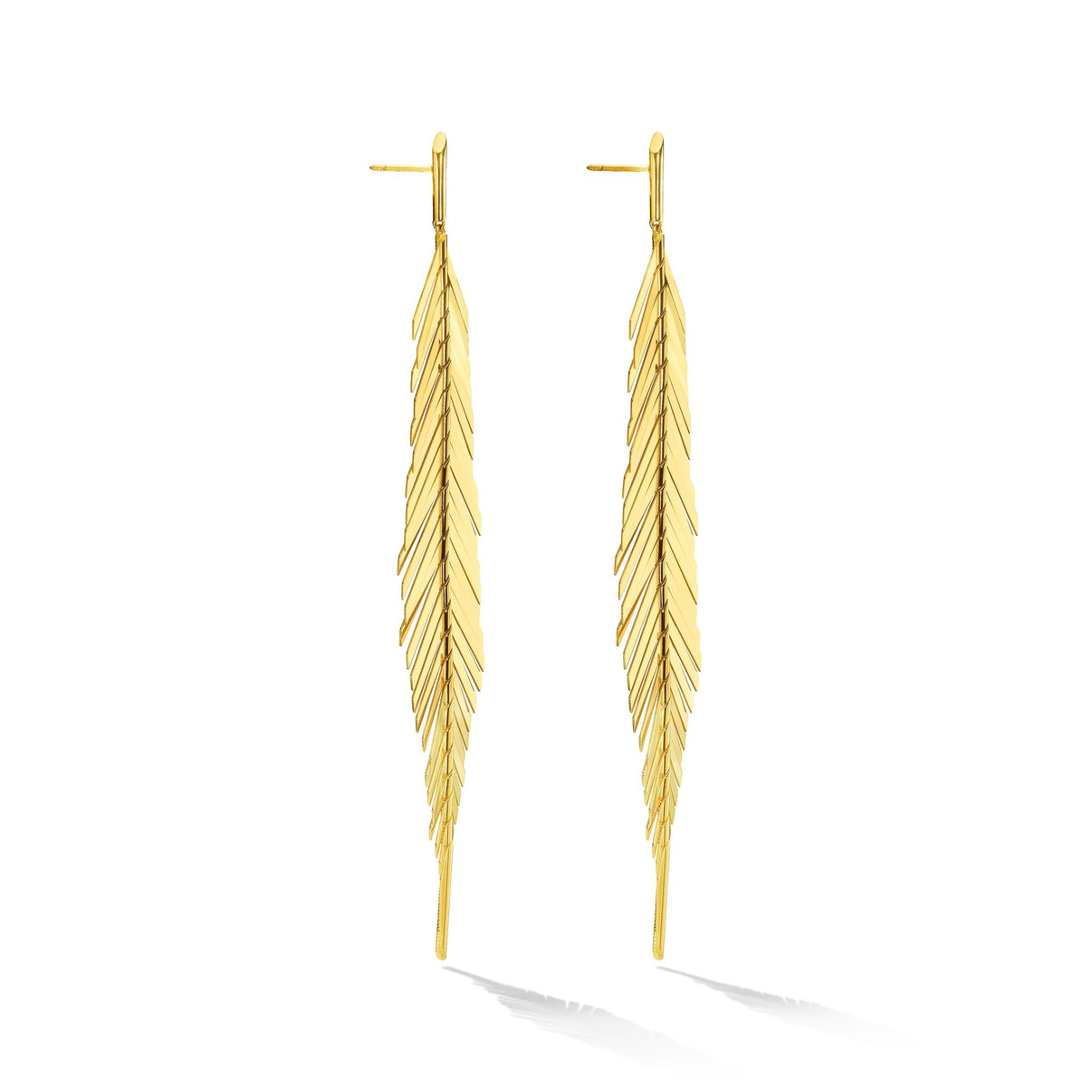Large 18K Yellow Gold Statement Feather Earrings | Long Gold Feather ...